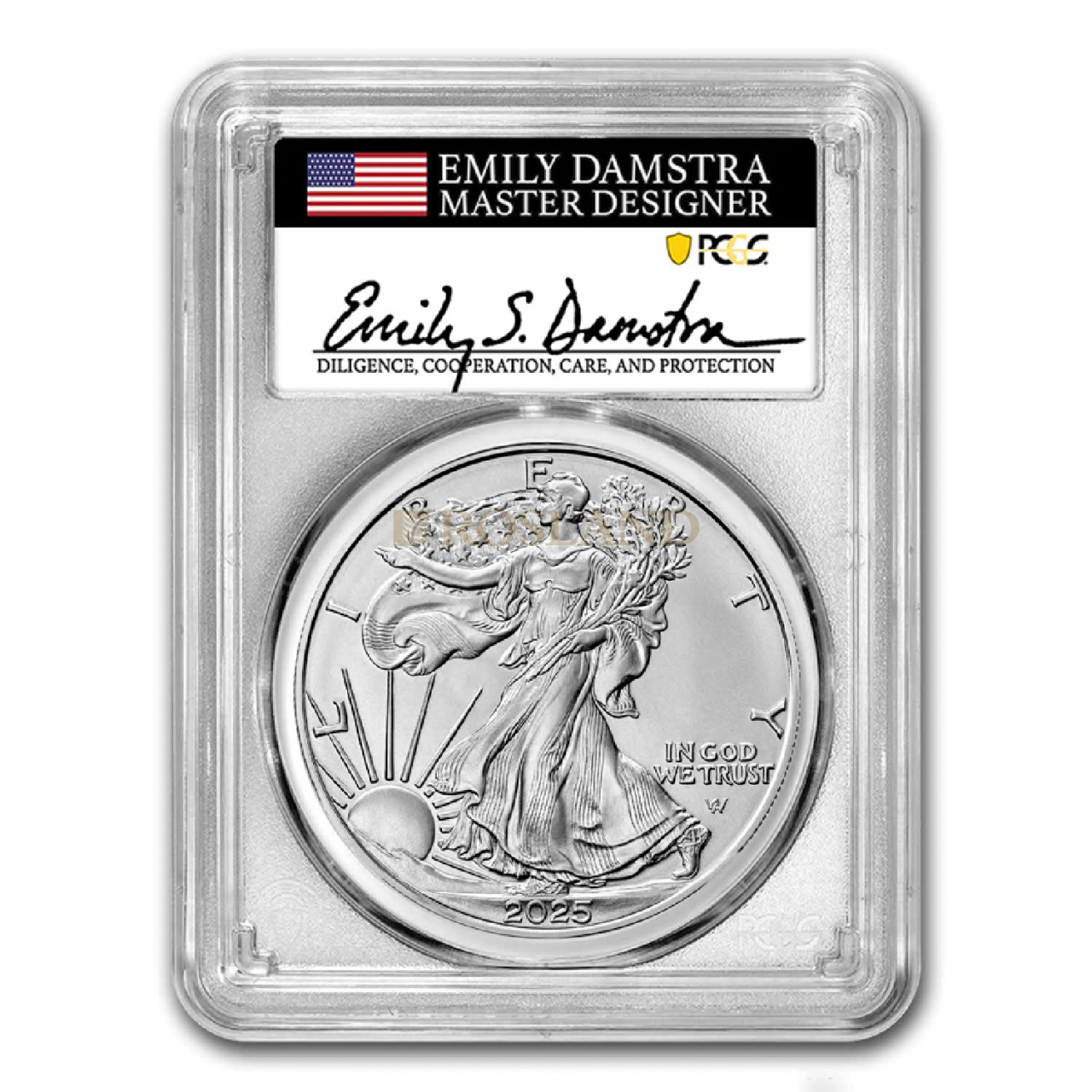 1 Unze Silbermünze American Eagle 2025 PCGS MS-70 (First Day, Damastra ...